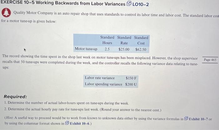 Solved EXERCISE 10-5 Working Backwards from Labor Variances | Chegg.com