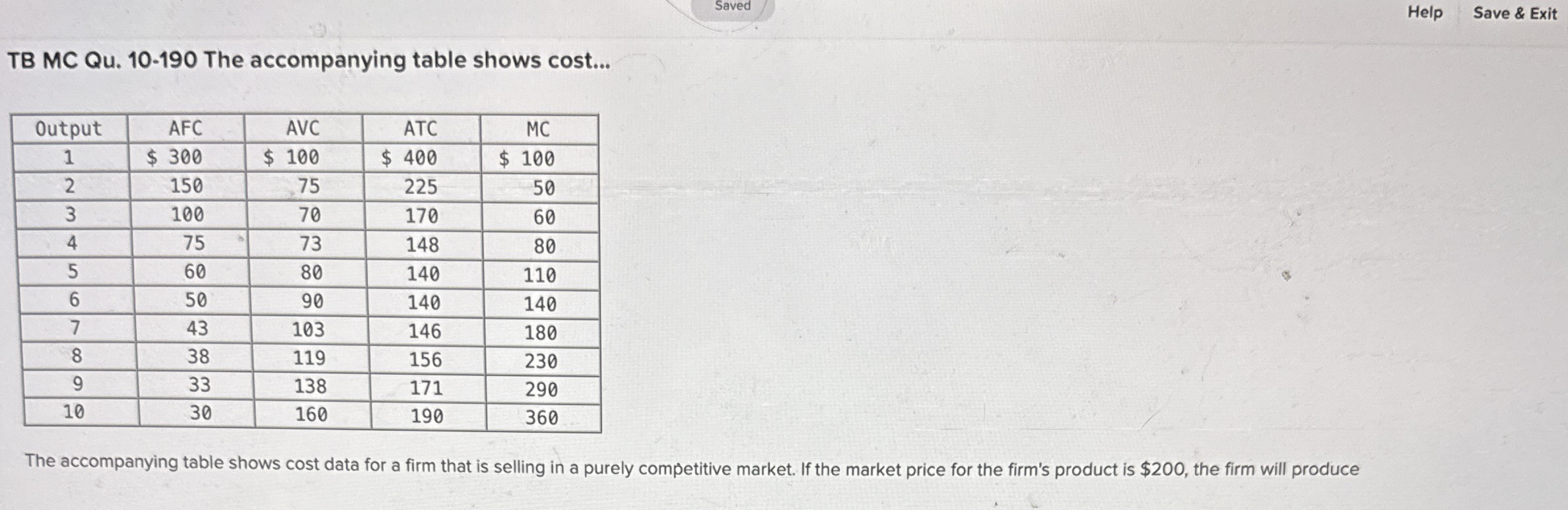 Solved by an EXPERT SavedHelpSave & ExitTB MC Qu. 10-190 ﻿The | Chegg.com