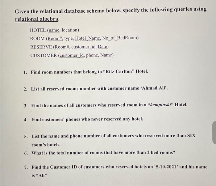 Solved Given the relational database schema below, specify | Chegg.com