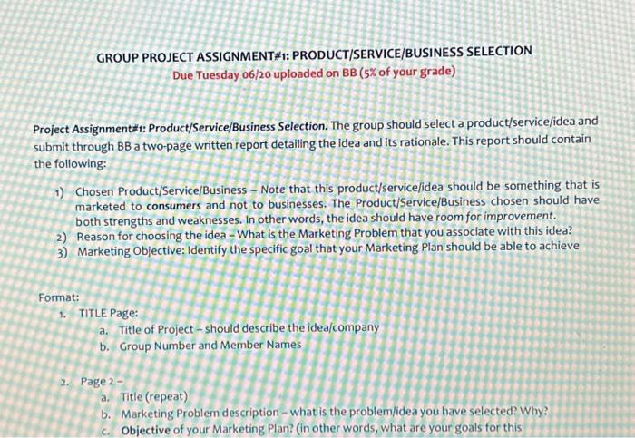 Solved GROUP PROJECT ASSIGNMENT#1: PRODUCT/SERVICE/BUSINESS | Chegg.com