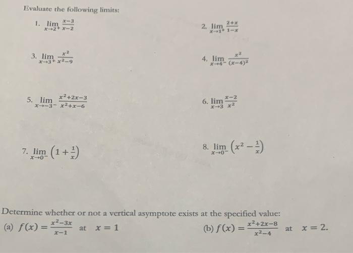 Solved Evaluate the following limits: 1. limx→2+x−2x−3 2. | Chegg.com