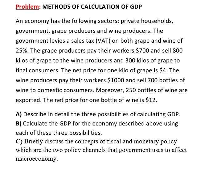 Solved Problem: METHODS OF CALCULATION OF GDP An economy has | Chegg.com