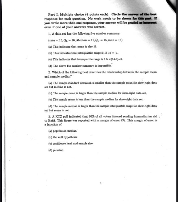 Solved Part I. Multiple choice (4 points each). Circle the | Chegg.com