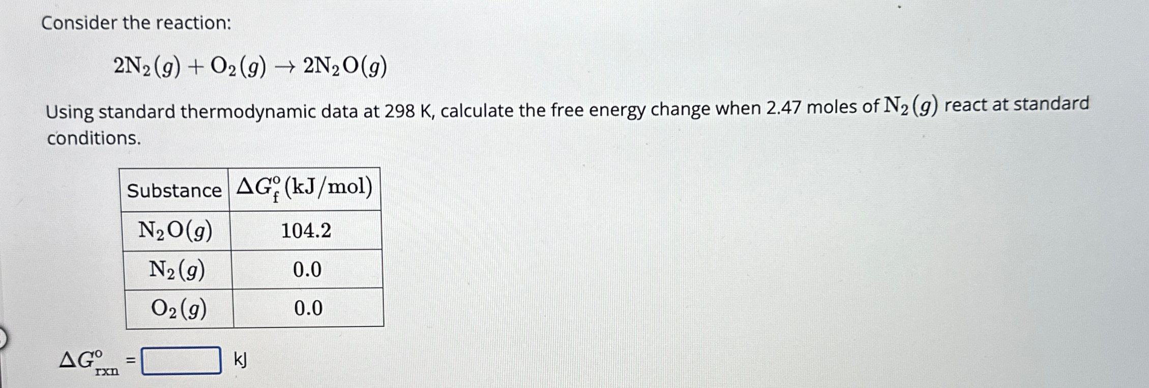Solved Consider the reaction:2N2(g)+O2(g)→2N2O(g)Using | Chegg.com