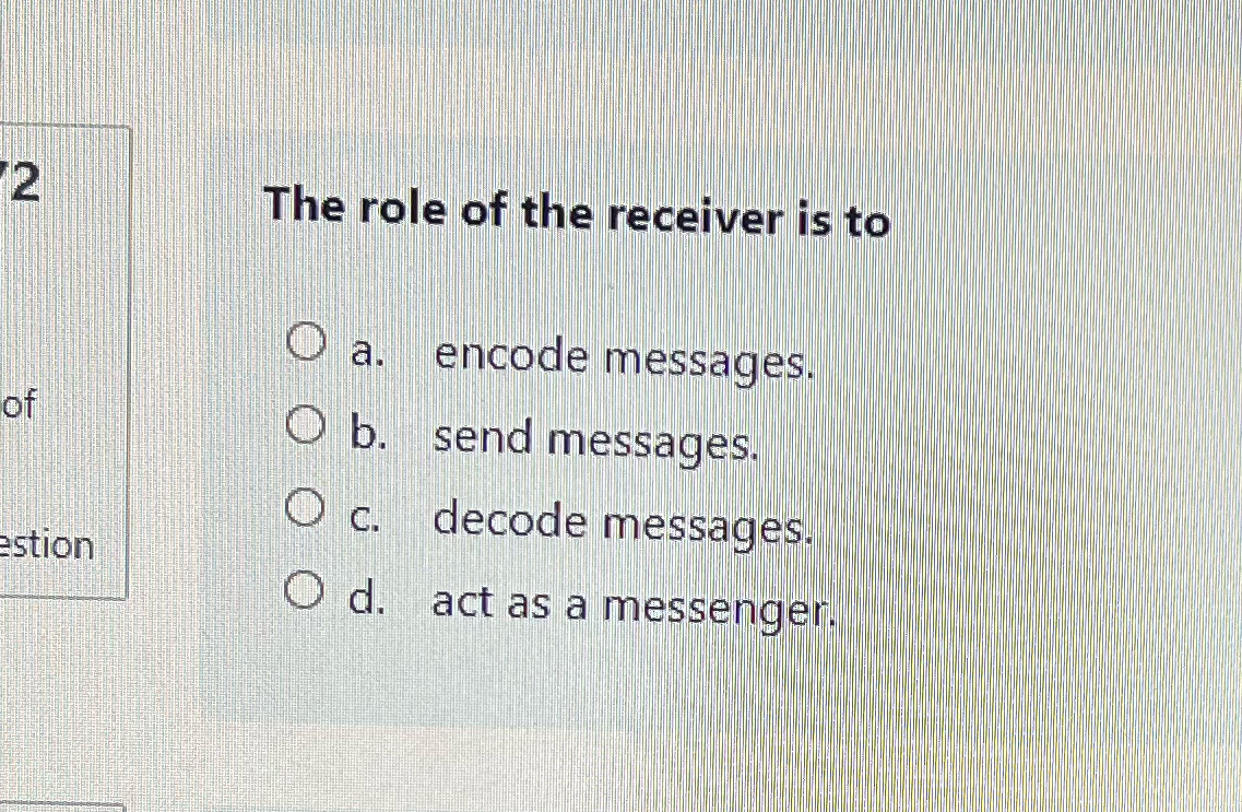 Solved The role of the receiver is toa. encode messages.b. | Chegg.com Solved The role of the receiver is toa. encode messages.b. | Chegg.com