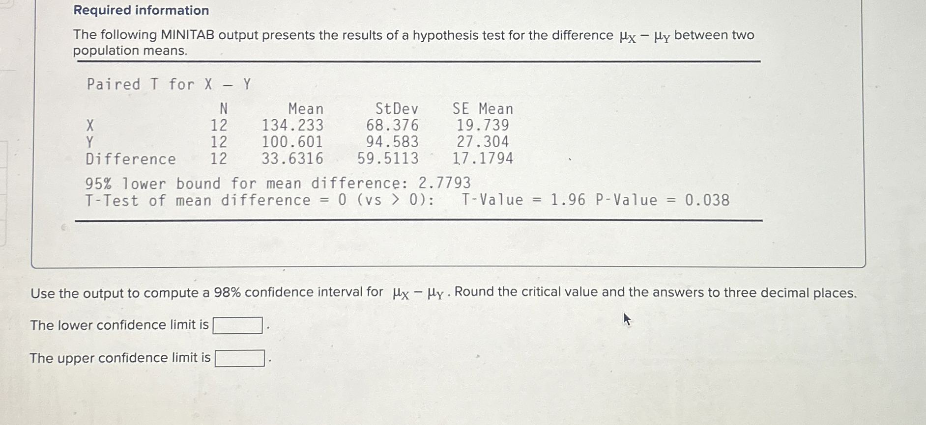 Solved Required informationThe following MINITAB output | Chegg.com