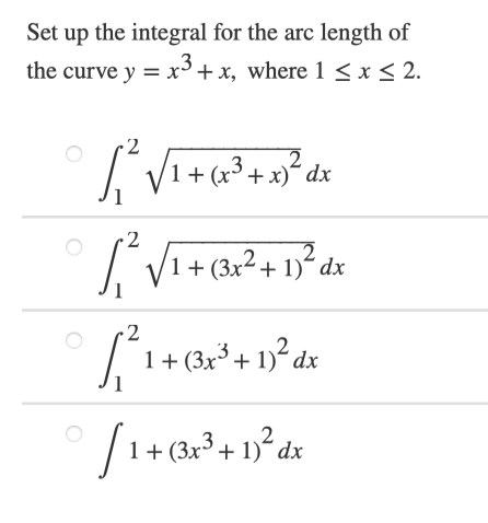 Solved Set up the integral for the arc length ofthe curve | Chegg.com
