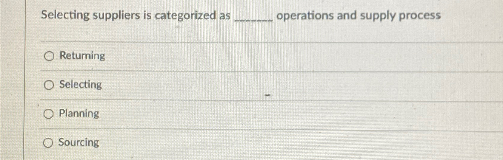 Solved Selecting suppliers is categorized as operations and | Chegg.com