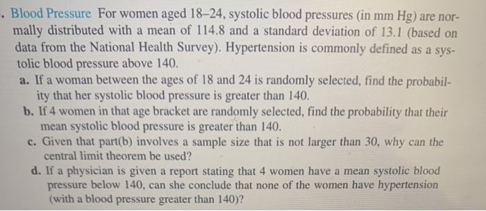 Solved - Blood Pressure For women aged 18–24, systolic blood | Chegg.com