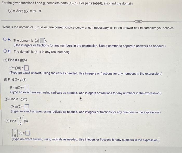 Solved For the given functions f and g, complete parts | Chegg.com