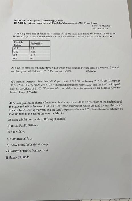 Solved Institute of Management Technology, Dubai BBA410 | Chegg.com