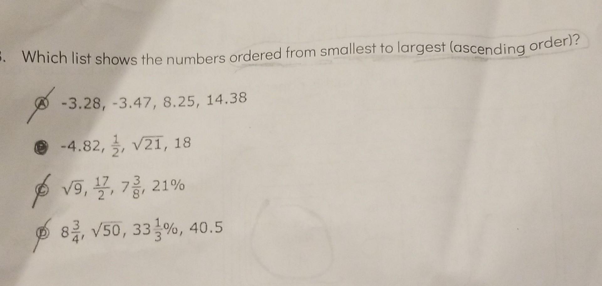 Solved Which list shows the numbers ordered from smallest to | Chegg.com