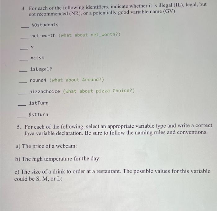 Solved 4. For each of the following identifiers, indicate | Chegg.com