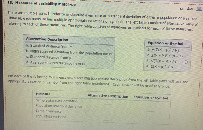 Solved 13. Measures of variability match-up Aa Aa There are | Chegg.com