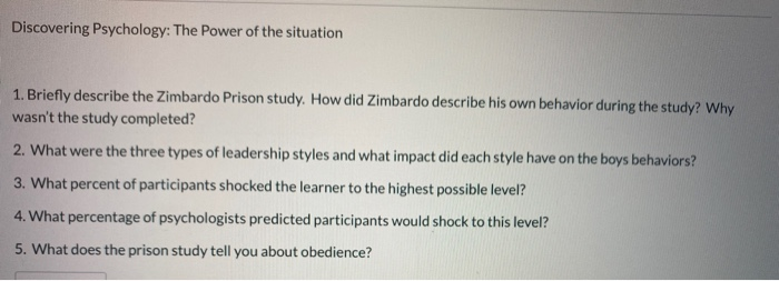 Solved Discovering Psychology: The Power of the situation 1. | Chegg.com