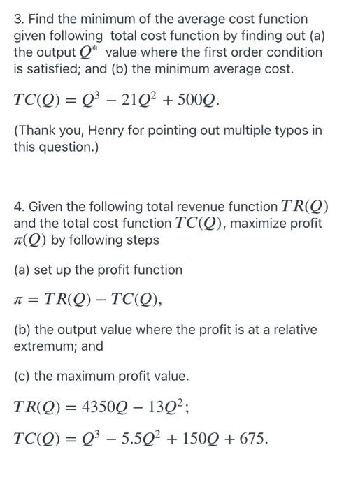 Solved 3. Find the minimum of the average cost function | Chegg.com