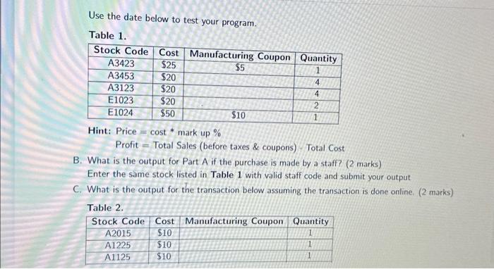 Solved (12 points) Customer bill and Sales profit Marking: 4 | Chegg.com