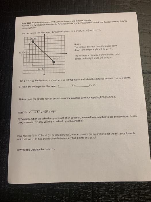Solved MAC 1305 Pre-Class Assignment Pythagorean Theorem and | Chegg.com