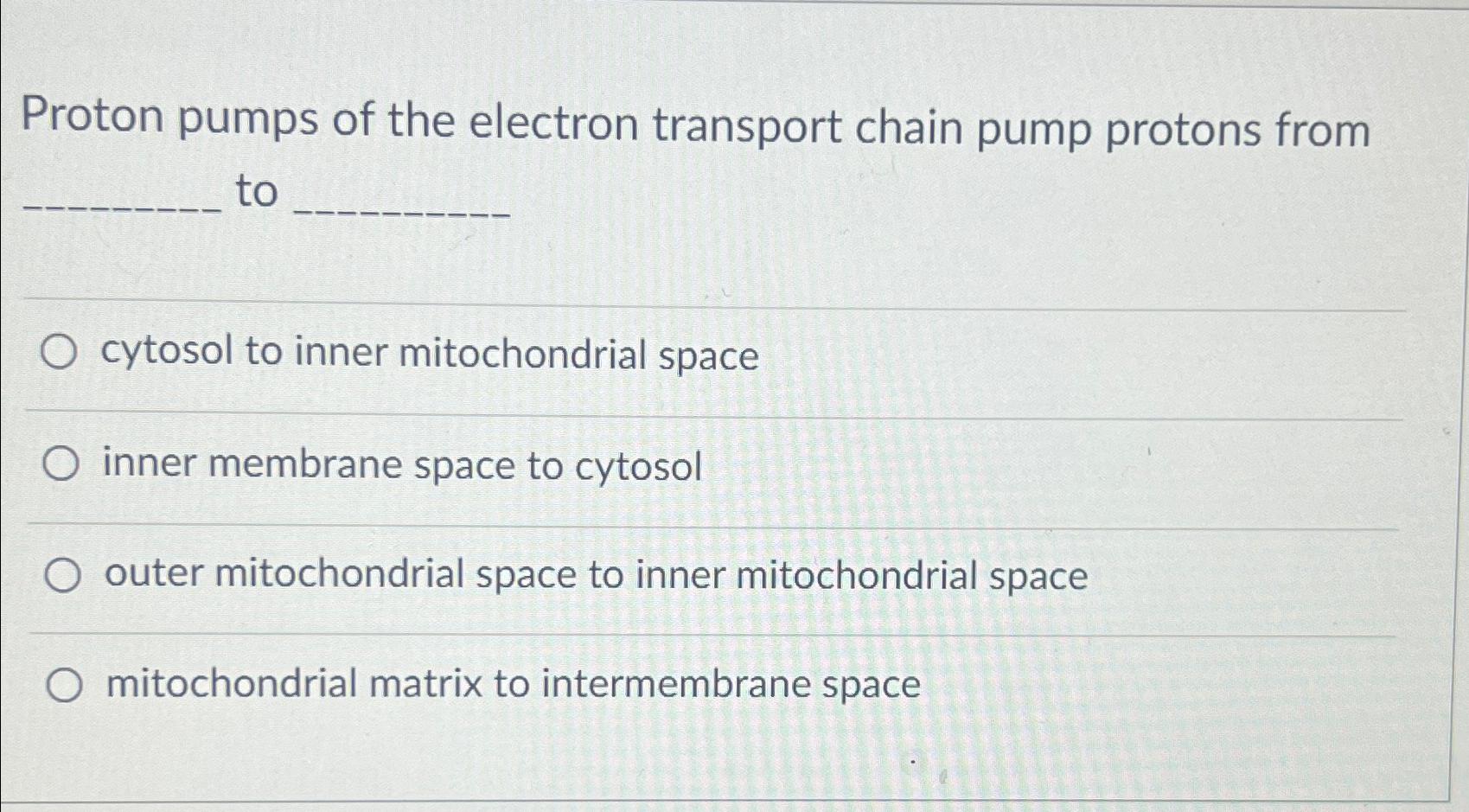 Solved Proton pumps of the electron transport chain pump | Chegg.com