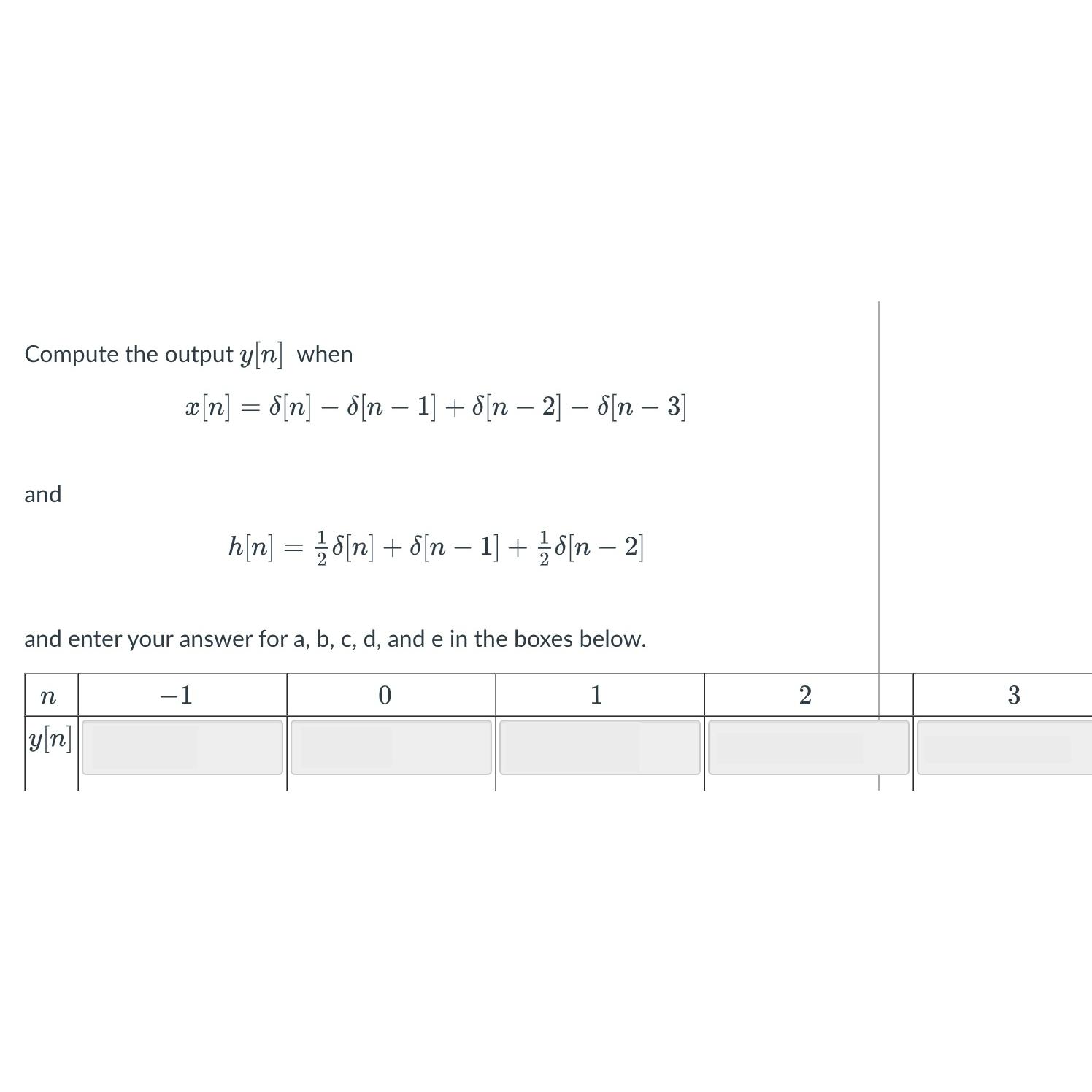 Solved Compute the output y[n] when\\nx[n]=\\\\delta | Chegg.com