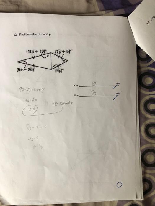 Solved 13. Find 12. Find the value of x and y. (11x + 10) | Chegg.com