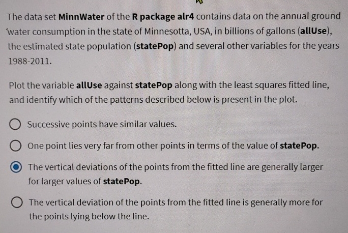 Solved The data set MinnWater of the R ﻿package alr4 | Chegg.com