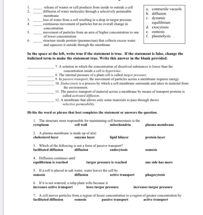 Solved 1. release of wastes or cell products from inside to | Chegg.com