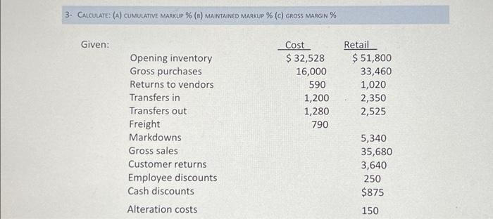 Solved 3- CALCULATE: (A) CUMULATIVE MARKUP % (B) MAINTAINED | Chegg.com