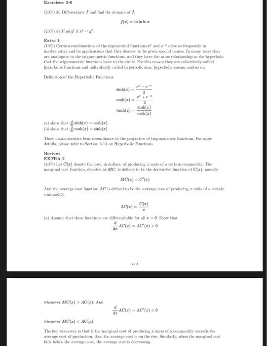 Solved Exercises: 3-6 (20\%) 36 Differutiate f ind find the | Chegg.com Solved Exercises: 3-6 (20\%) 36 Differutiate f ind find the | Chegg.com