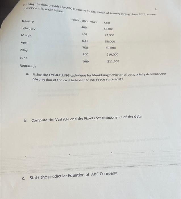 Solved 3. Using the data provided by ABC Company for the | Chegg.com