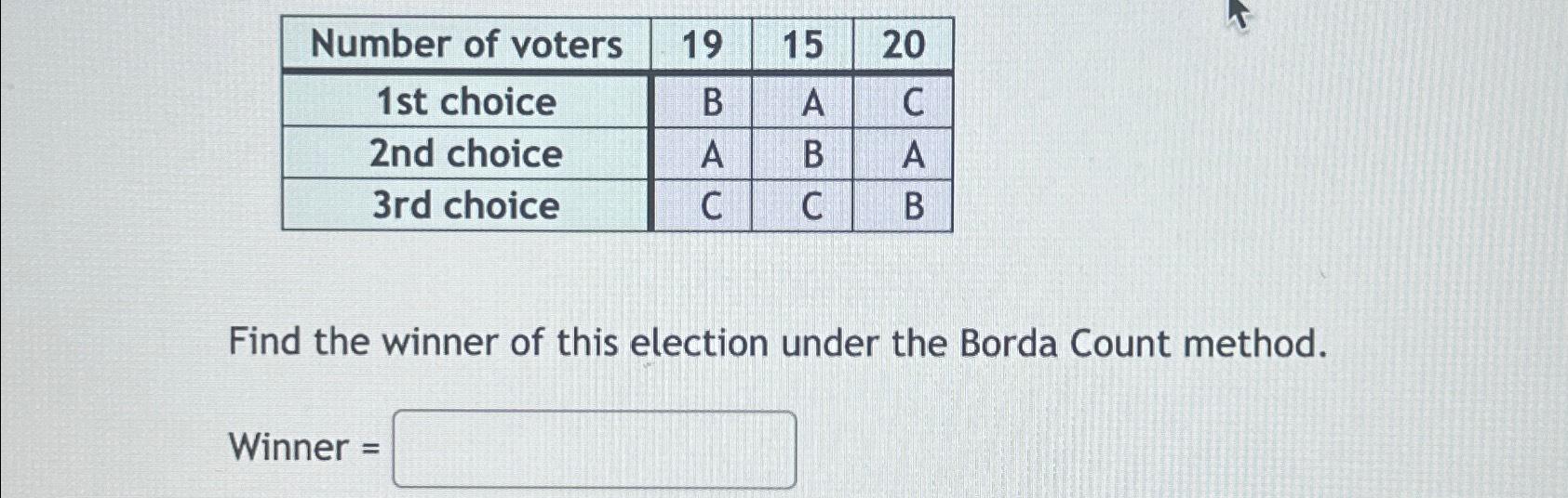 Solved \table[[Number of voters,19,15,20],[1st | Chegg.com