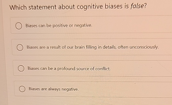 Solved Which statement about cognitive biases is | Chegg.com