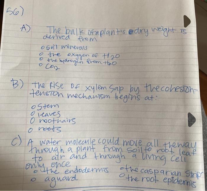 Solved 56) A) The bulk of a plant's edry weight is derived | Chegg.com