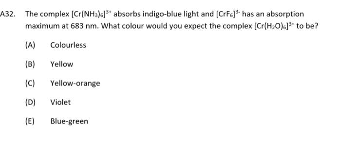 Solved A32. The complex [Cr(NH3)6]³+ absorbs indigo-blue | Chegg.com