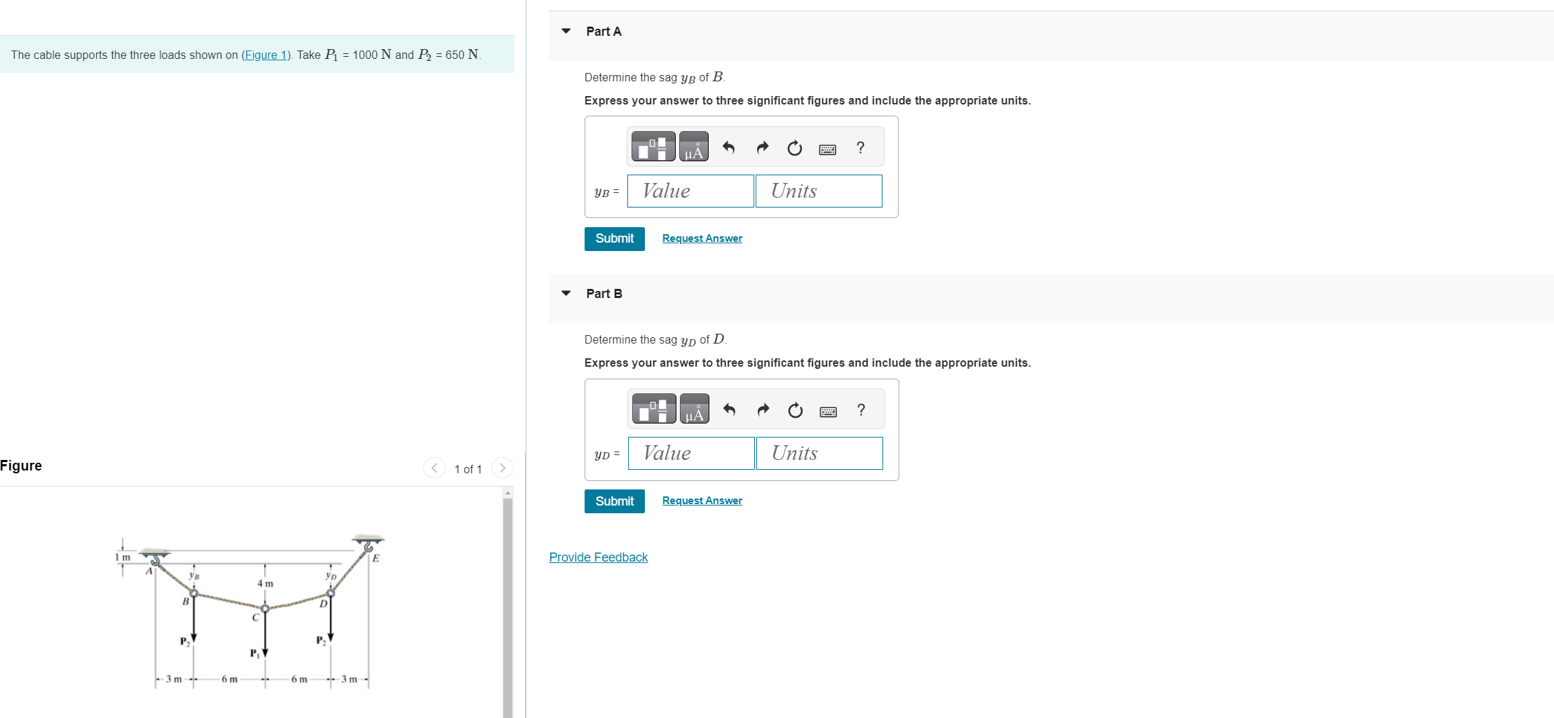 Solved The cable supports the three loads shown | Chegg.com