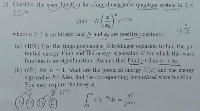 Solved 10. Consider the wave function for a one-dimensional | Chegg.com