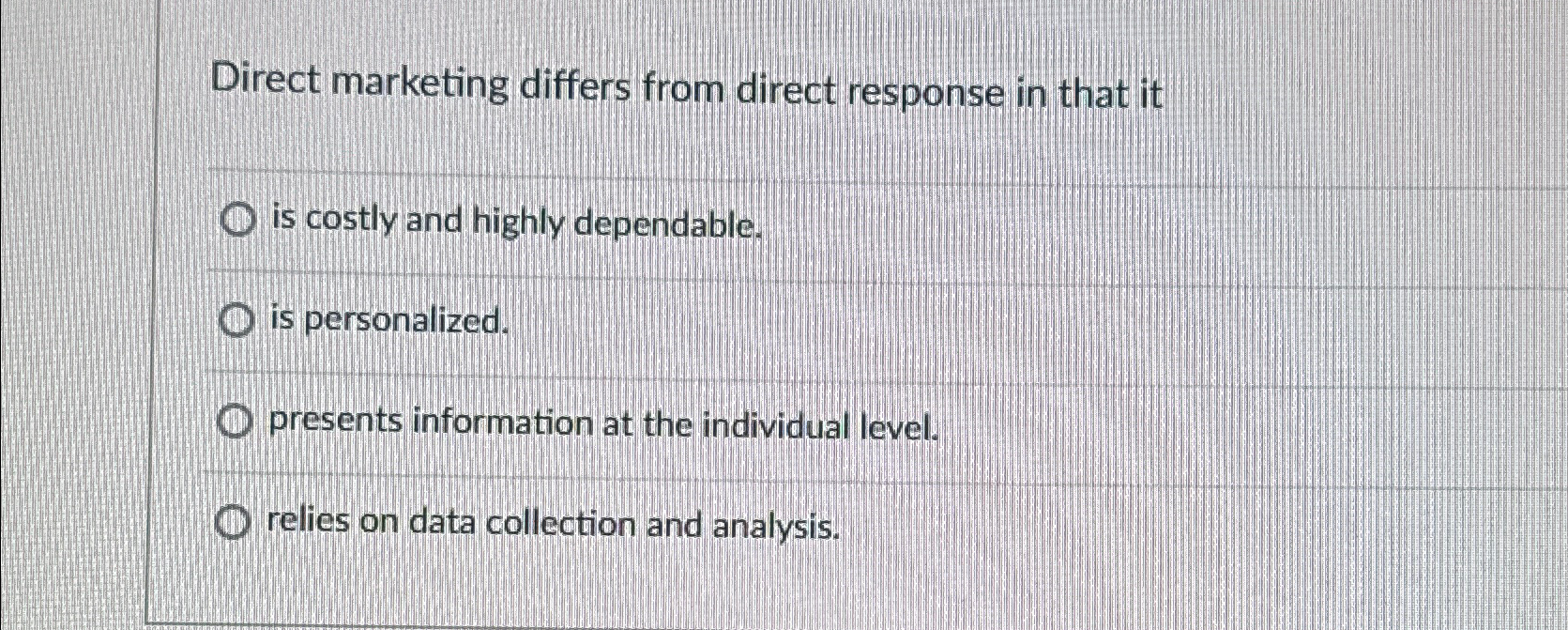 Solved Direct marketing differs from direct response in that | Chegg.com