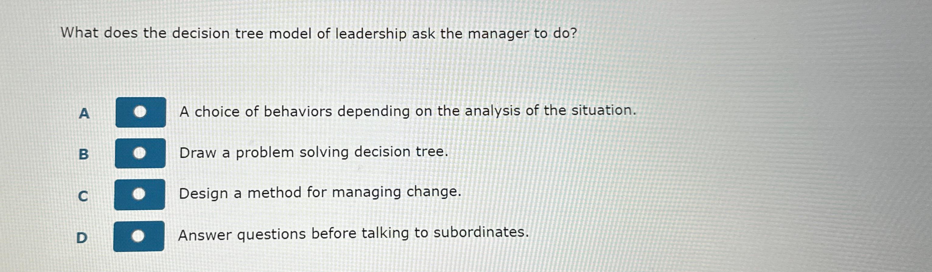 Solved What does the decision tree model of leadership ask | Chegg.com