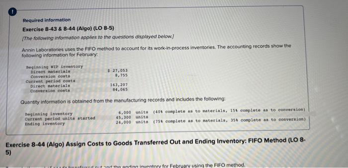 Solved Required information Exercise 8-43 \& 8-44 (Algo) (LO | Chegg.com