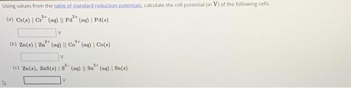 Solved Using values from the table of standard reduction | Chegg.com