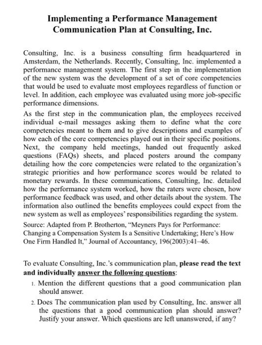 Solved Implementing a Performance Management Communication | Chegg.com