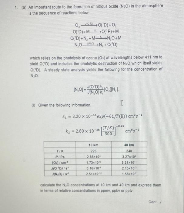 1. (a) An important route to the formation of nitrous | Chegg.com
