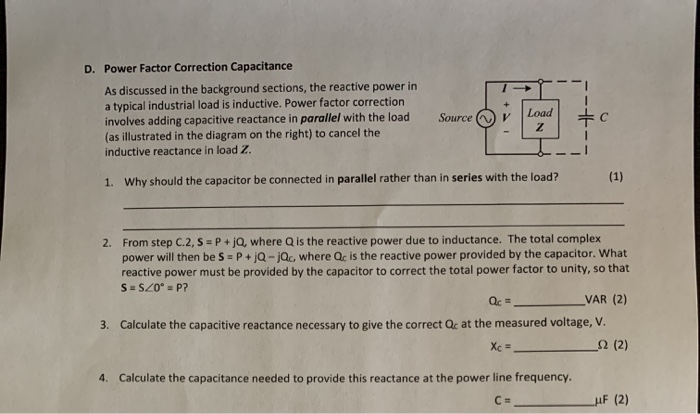 Solved D. Power Factor Correction Capacitance As discussed | Chegg.com
