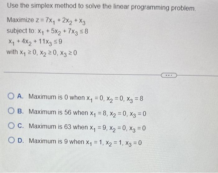 Solved Use the simplex method to solve the linear | Chegg.com