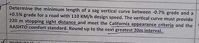 Solved Determine the minimum length of a sag vertical curve | Chegg.com
