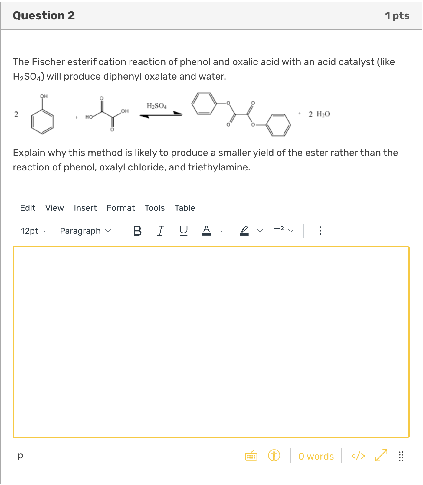 Solved Question 2The Fischer esterification reaction of | Chegg.com