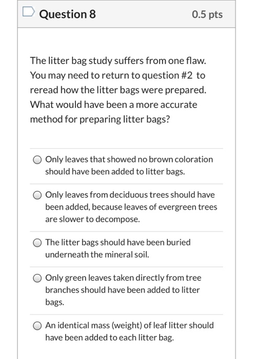 Solved Question 8 0.5 pts The litter bag study suffers from | Chegg.com