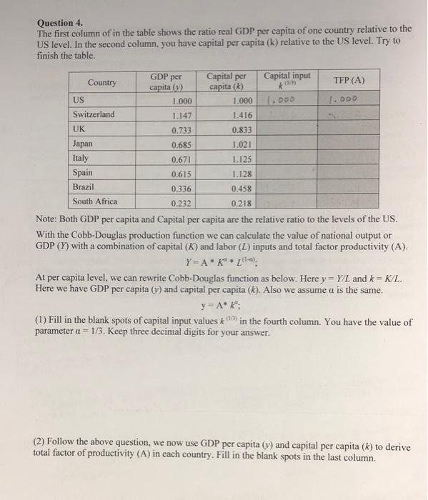 Solved Question 4. The first column of in the table shows | Chegg.com