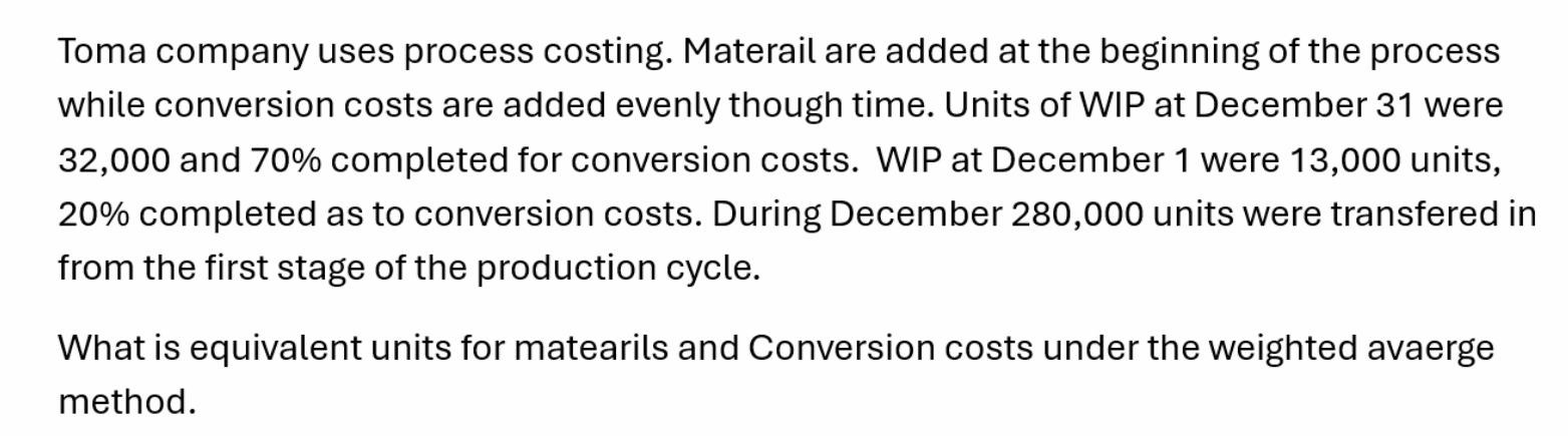 Solved Toma company uses process costing. Materail are added | Chegg.com
