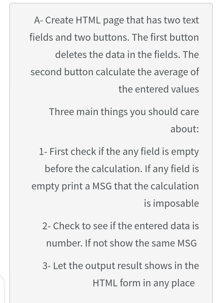 Solved A- Create HTML page that has two text fields and two | Chegg.com